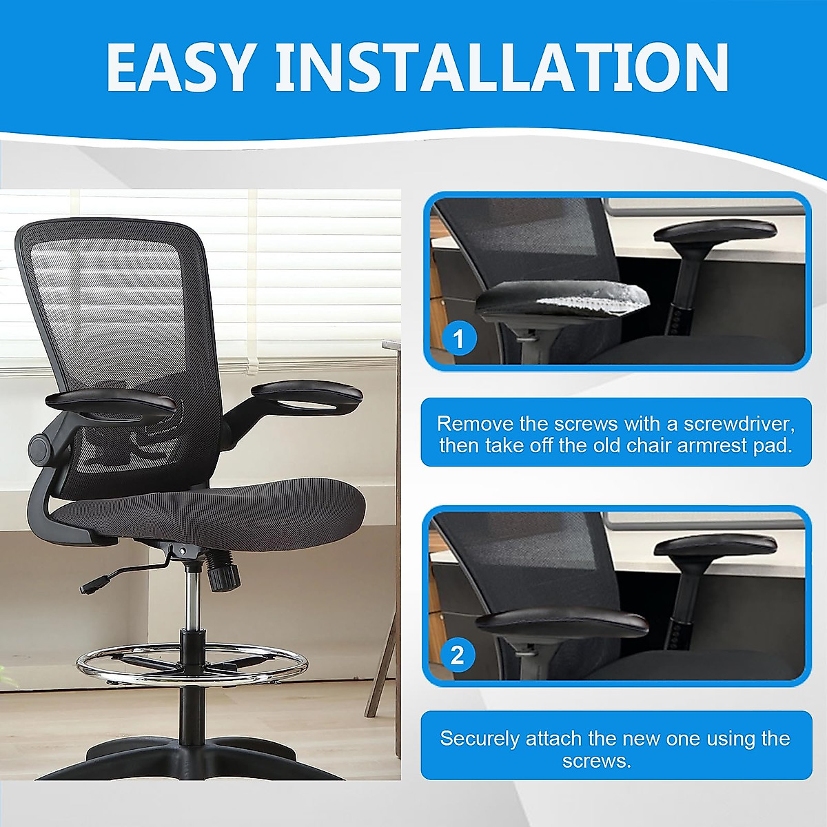 Office Chair Replacement Armrest Arm Pads Caps Fits Univeral 4" Mounting Hole with Mounting Hole Patterns Screws(1 Pair) Black