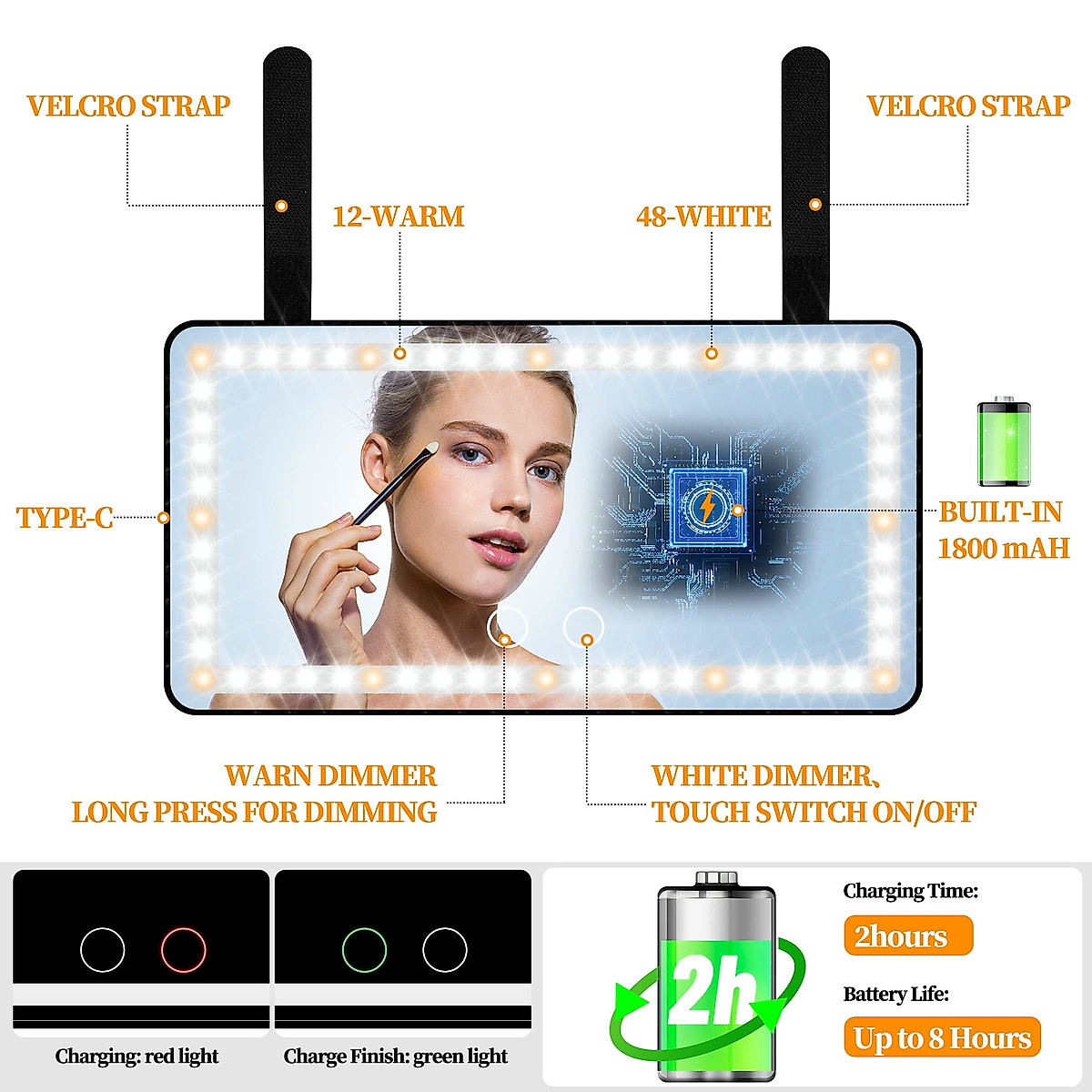 Car Sun Visor Vanity Mirror: Rechargeable Led Makeup Mirror with 3 Light Modes & Dimmable Touch Screen - Car Mirror Accessories for Women Girl