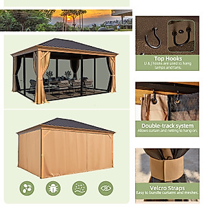 YOLENY 12' X 16' Hardtop Gazebo Galvanized Steel Outdoor Patio Gazebo Canopy Permanent Gazebo with Single Roof Aluminum Frame, Netting & Curtains for Garden, Patio, Lawns, Deck