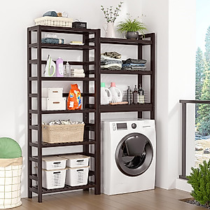 Homykic 6-Tier Bamboo Bookshelves and Bookcases, Adjustable 63.4”Tall Shallow Book Shelf Organizer Rack, Freestanding Storage Shelving Unit for Living Room, Kitchen, Bathroom, Office, Espresso