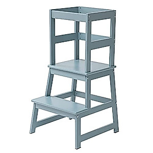 Kitchen Step Stool for Toddlers and Kids with Safety Rails for Kitchen Counter Solid Wood (Baby Blue)