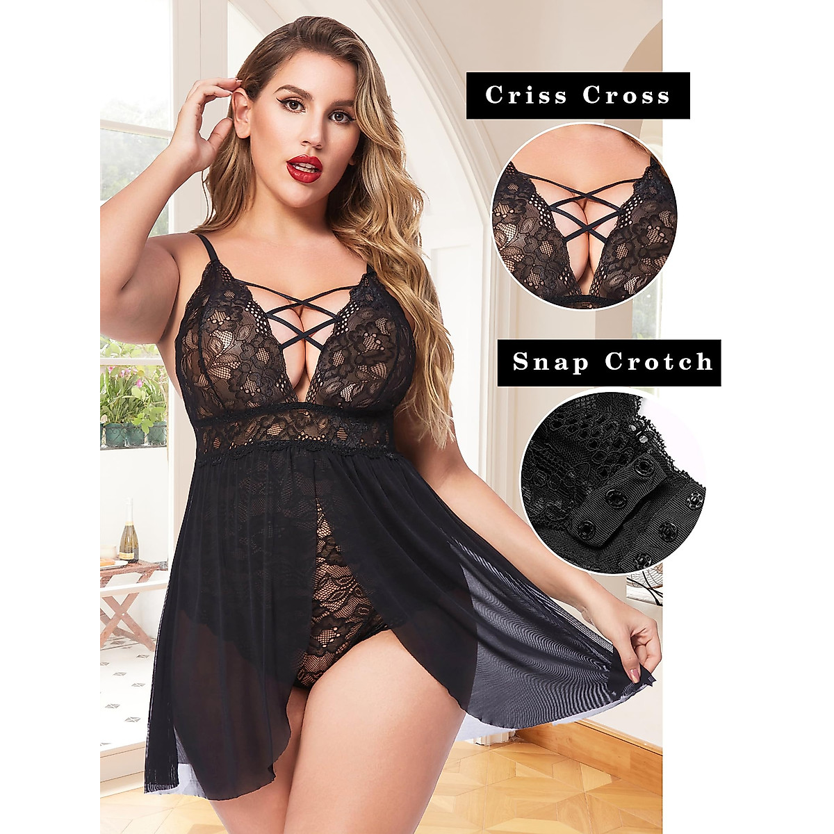 Avidlove Plus Size Babydoll for Women Sexy Lace Lingerie Set Mesh Chemise Sleepwear (Black, Large)