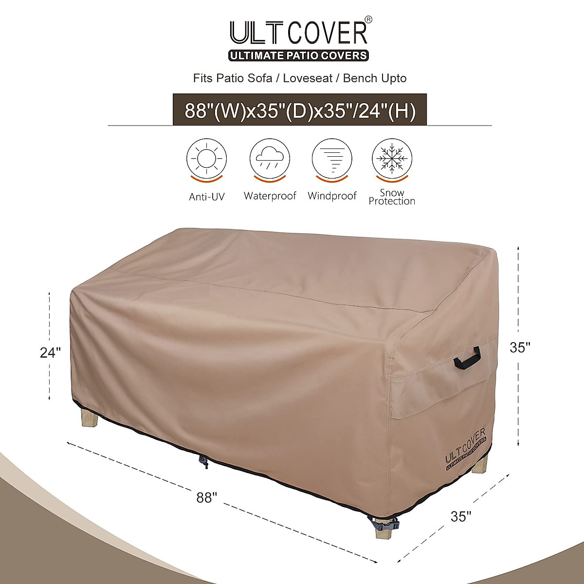 ULTCOVER Patio Furniture Sofa Cover 88W x 35D x 35H inch Waterproof Outdoor 3-Seater Couch Cover