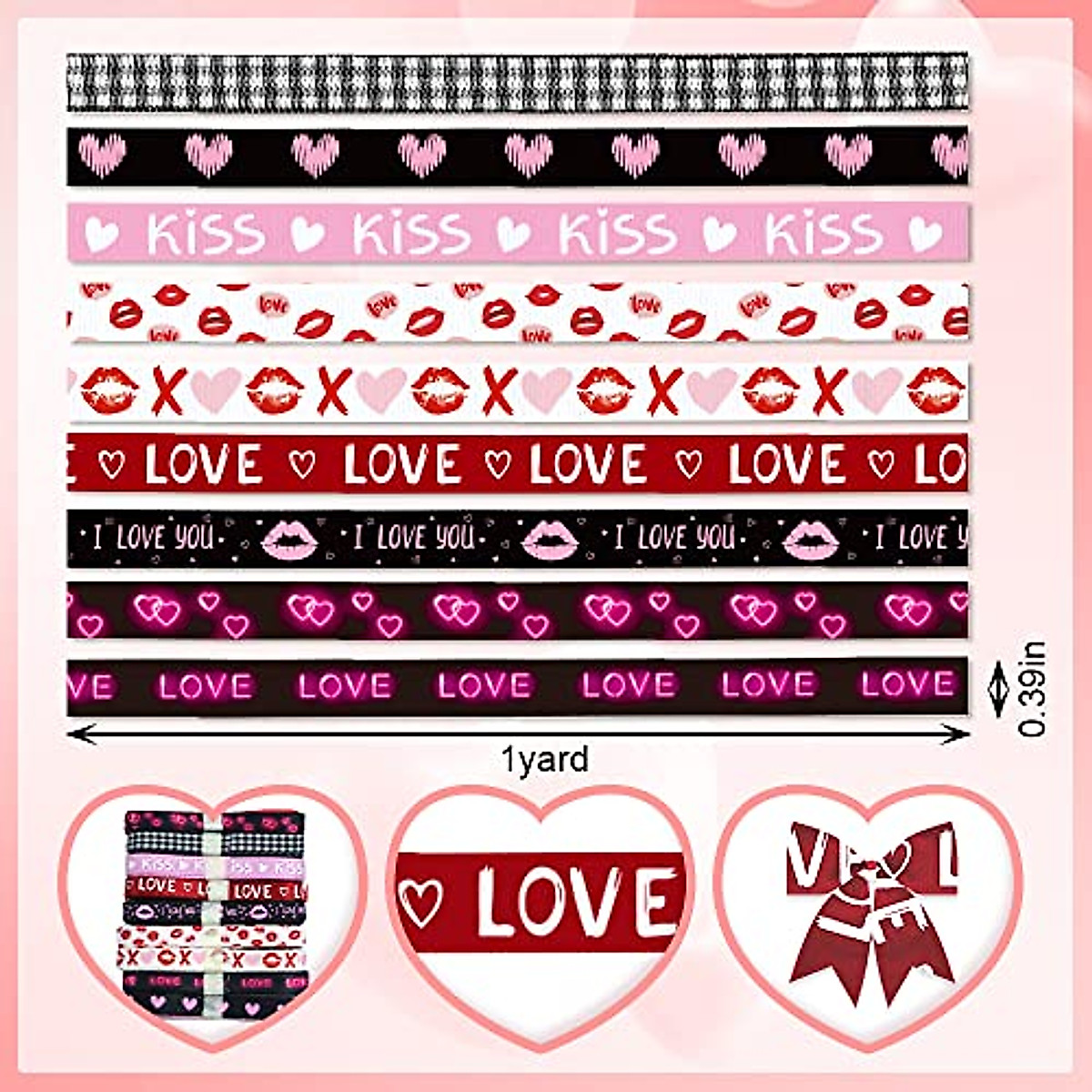 ALIBBON 9 Rolls 27 Yards 3/8" Valentine's Day Ribbon Red Ribbons for Valentines Day Decor, Love Decorative Grosgrain Satin Ribbon for Wedding Valentine's Day Gift Wrapping Bows Crafting Supplies