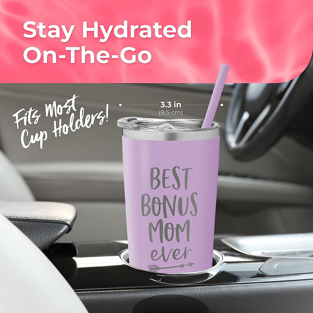 Best Bonus Mom Stainless Steel Coffee Mug with Insulated Travel Tumbler and Straw - Birthday Gift for Bonus Mom, Best Mom Ever, Friend, and Work Mom - Stepmom Travel Coffee Cup, Coffee Tumbler