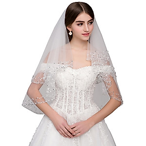 Malishow 2 Tiers Beaded Wedding Veil Sequin Pearl Edge Bling Bridal Veils New white