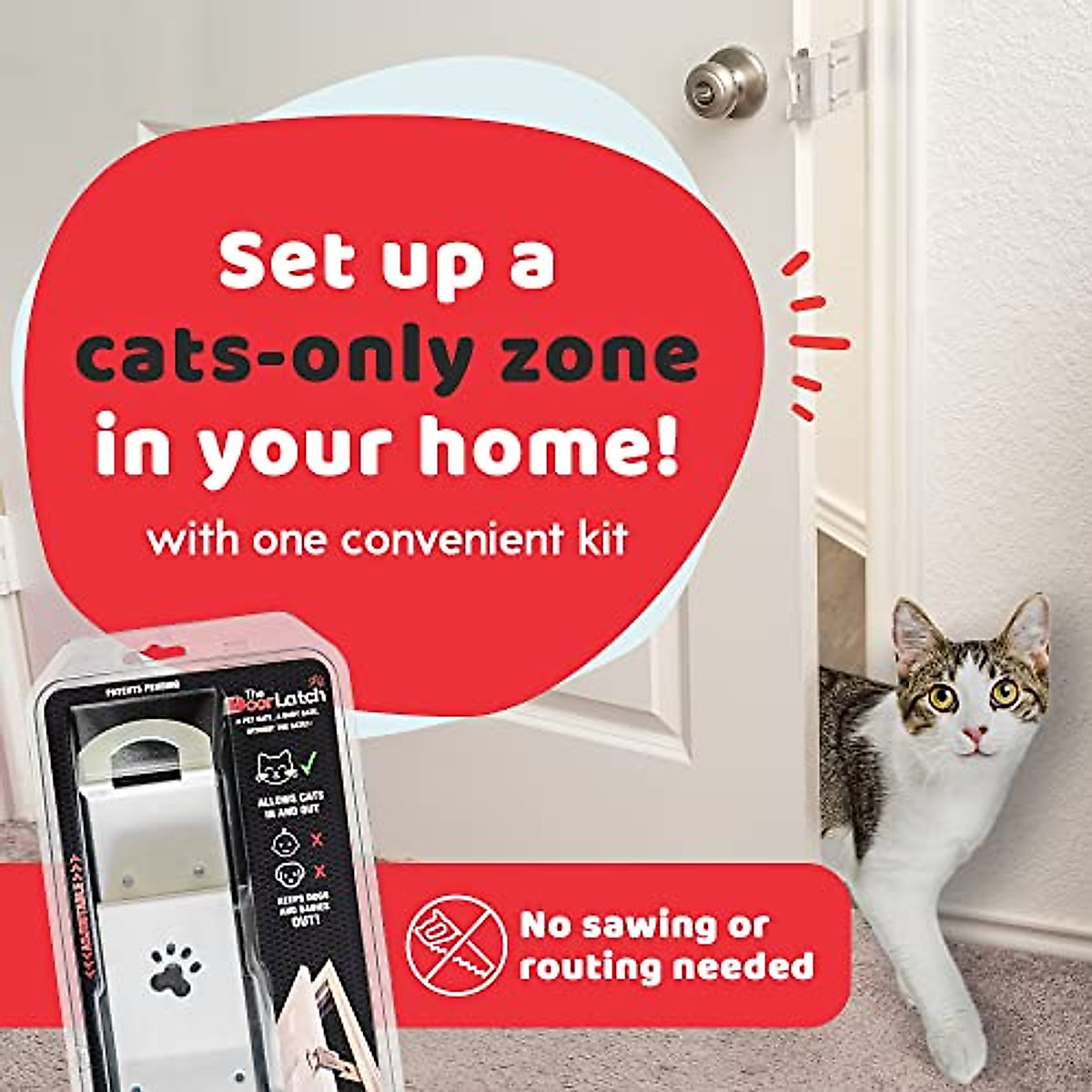 TheDoorLatch Cat Door Strap and Latch, Sturdy Door Holder for Keeping Dogs and Kids Out of Rooms, Litter Boxes, and Food, White Powder Coated Cat Door Latch, 3.5 to 4.5 Inches Opening