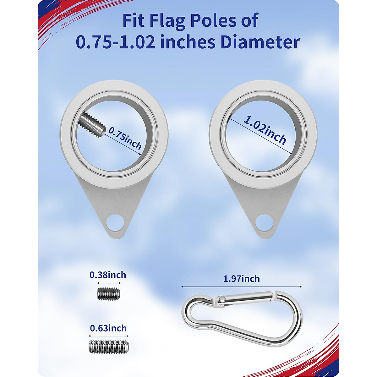 BonyTek 2 Pack Aluminum Alloy Flag Pole Rings, 360 Degree Rotating Flagpole Flag Mounting Rings Spinning Flag Pole Kit with Carabiner for 0.75-1.00 Inch Diameter Flagpole (Φ 1 inch, Silver)