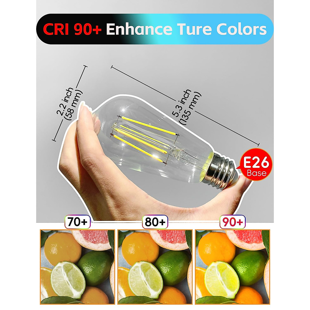 Jensense Edison Bulbs 6W E26 LED Bulb 60 Watt Equivalent, Vintage LED Light Bulbs CRI90+ ST19, Dimmable Clear Light Bulbs, 5000K Daylight Cool White 4 Pack