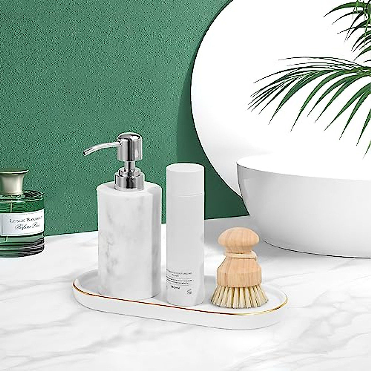 Luxspire Bathroom Vanity Tray, Marble Ceramic Dresser Jewelry Dish with Golden Rim, Decorative Tray Countertop Sink Storage Holder Organizer for Soap Candles Perfume Comestic Home Decor, Matte White