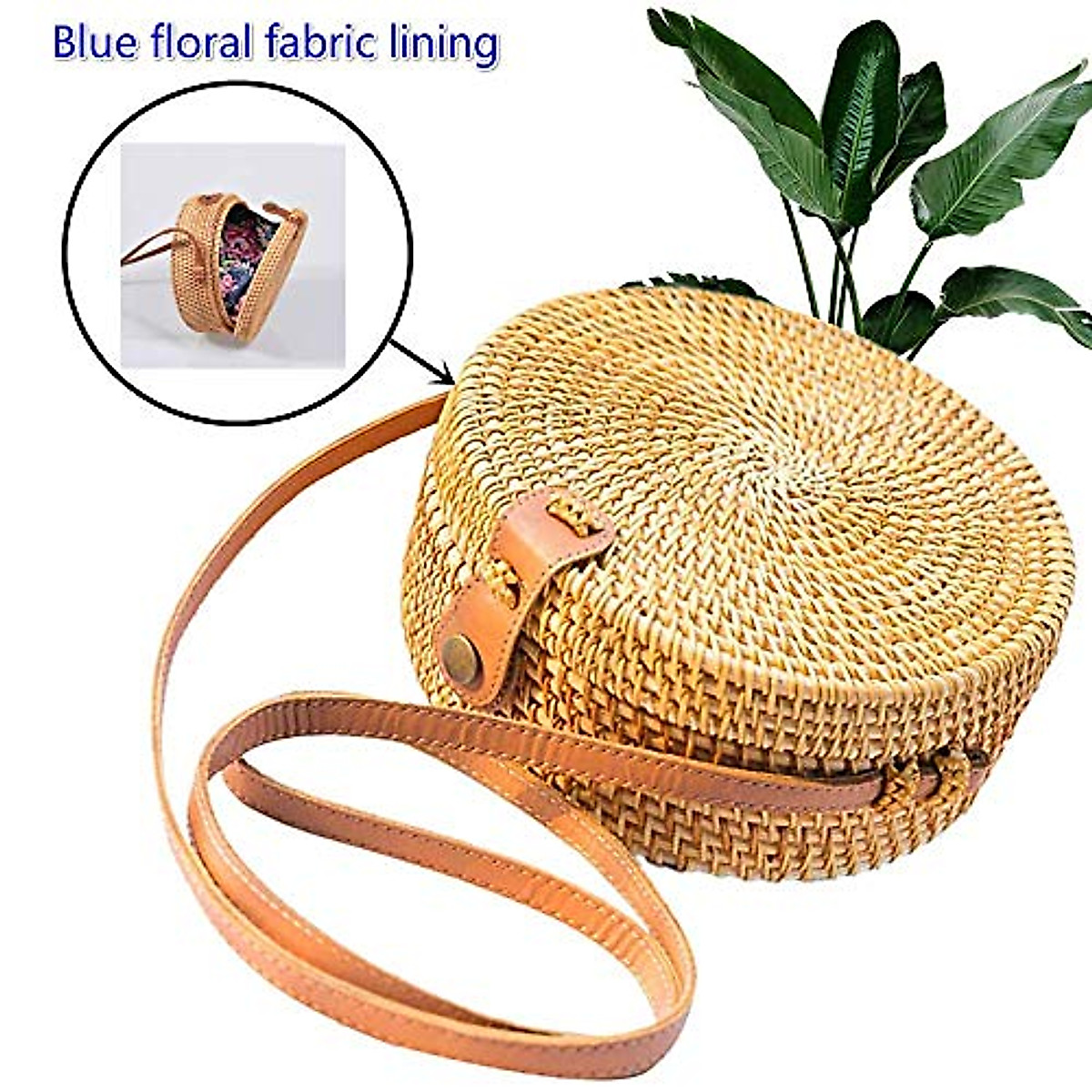 Kbinter Handwoven Round Rattan Straw Bag for Women Shoulder Leather Button Straps Natural Chic Handmade Boho Bag Bali Purse (1 Pack)