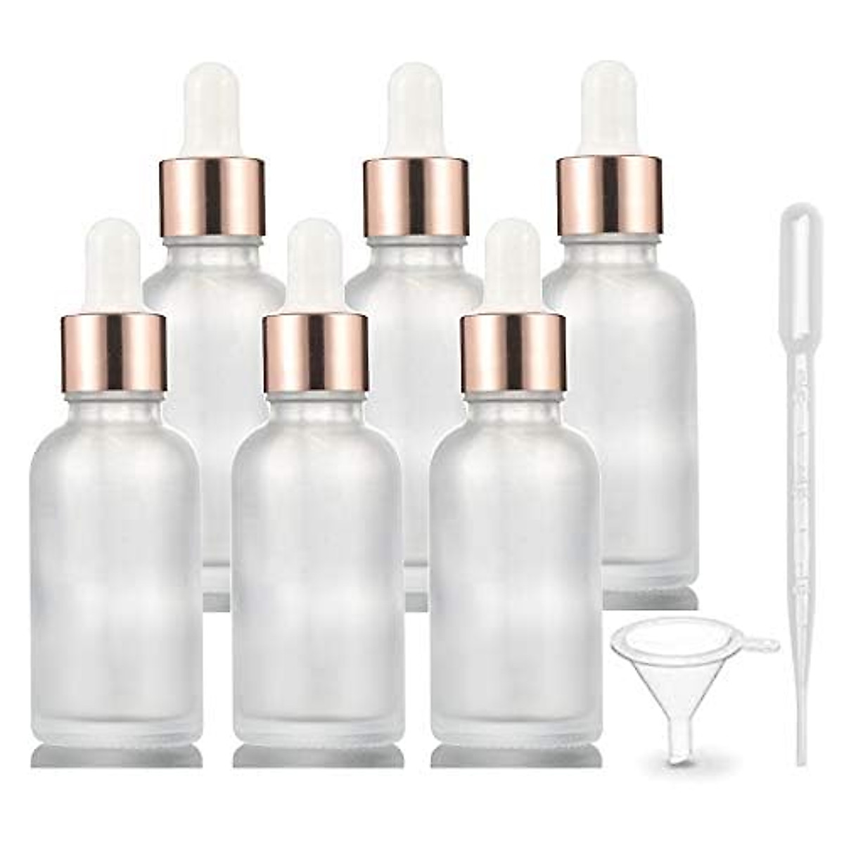 6 Pack,Frosted Glass Essential Oil Dropper Bottle,Empty Glass Liquid Container Holder With Glass Eye Dropper,Rose-Golden Caps Travel Perfume Cosmetic Container-Pipette&Funnel included (30ml/1 Ounce)