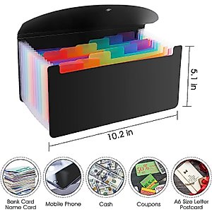 Expanding File Folder with Labels, 13 Pocket Accordion Document, Portable Accordion Filing Folder for Letter A4 Paper Document, Papers Letter Size, Black