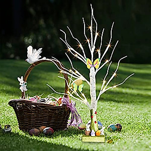 EAMBRITE Tabletop Tree Spring Decor, Easter Tree with Timer Battery Powered, White Birch Tree Rustic Farmhouse Centerpiece Table Artificial Twig Tree Decorations for Home Party Indoor (2 FT/24 LED)