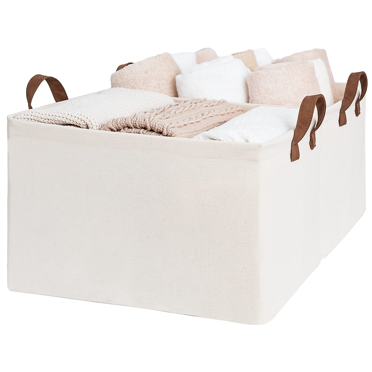 StorageWorks 45L Extra Large Fabric Storage Bins with PU Handles 2-pack, 55L Storage Bin, Decorative Closet Storage Box with Double-Open Lid