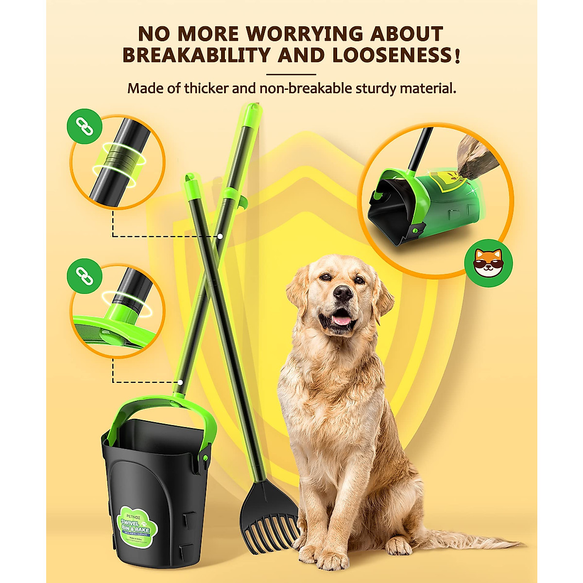 PETNOZ LIFE Large Swivel Bin & Rake Pooper Scooper with 40 Waste Bags, 36" Long Handle & 4 Bag Hooks Adjustable Dog Pooper Scooper for Large Dogs and Pets, Portable Non-Breakable Dog Poop Scooper