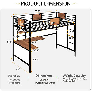 Metal Loft Bed Frame, Twin Size Loft Bed with Desk and Storage Shelves, Metal Bed Frame with Safe Guardrail & Ladder for Kids Teens Adults, Space Saving Loft Bed, No Box Spring Needed (Black 1)