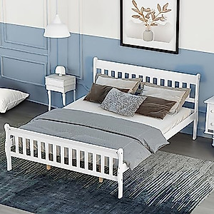 RIDFY Queen Platform Bed Frame with Headboard & Footboard, Wood Sleigh Bed Frame with Slats Support, No Box Spring Needed, Noise Free, Easy Assembly (White)