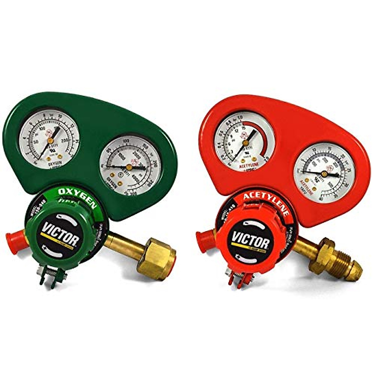 Set of Medium Duty Victor Oxygen & Acetylene Regulators w/Metal Gauge Guards ***