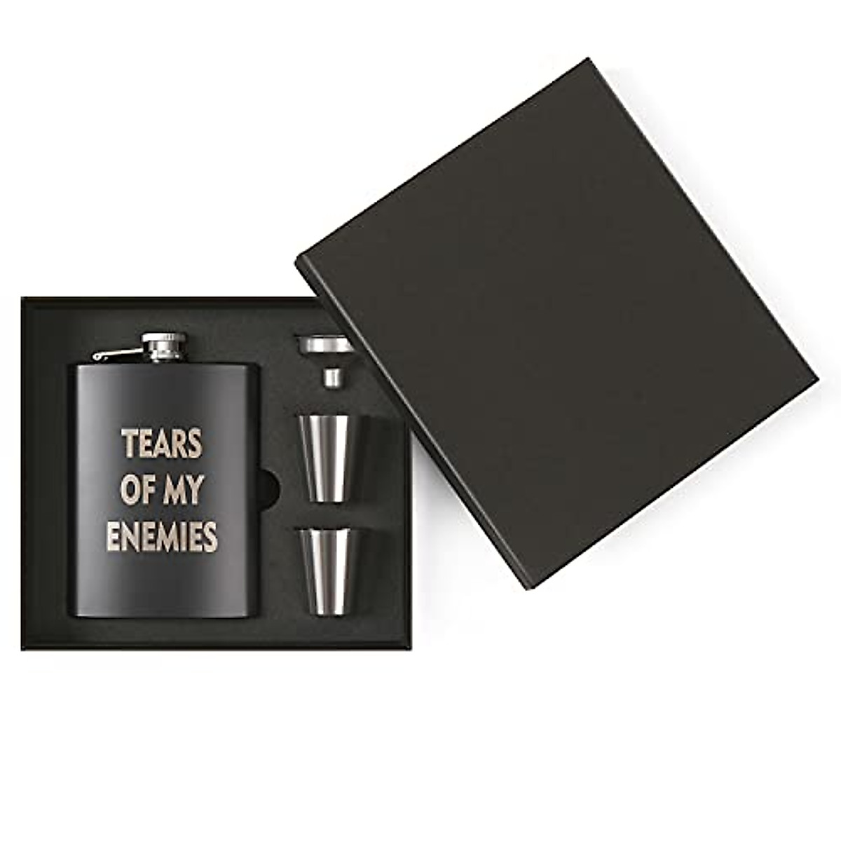 Funny flask for liquor for men and women, Hip Flask Gift set, Tears of My Enemies, 8 ounce, 304 Stainless Steel with 2 cups and Funnel, Laser Engraved (Tears of My Enemies)