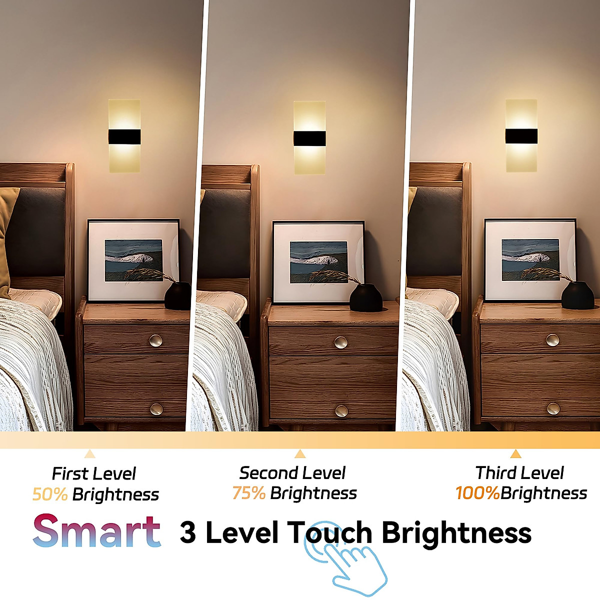 FelRelWel Rechargeable Wall Sconces,2 PCS Modern Acrylic Bedside LED Wall Lamps for Living Room Bedroom Hallway,USB Rechargeable Battery Operated Cordless Night Light,Touch Control,Warm Light Dimmable