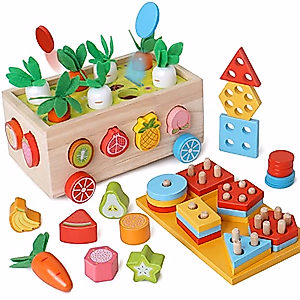BEAUAM Toddlers Montessori Educational Toys for Boys 2 3 4 Year Old Girls, Wood Shape Classification Toys for Gifts for Children 2-4, Wood Preschool Carrot Harvest Game