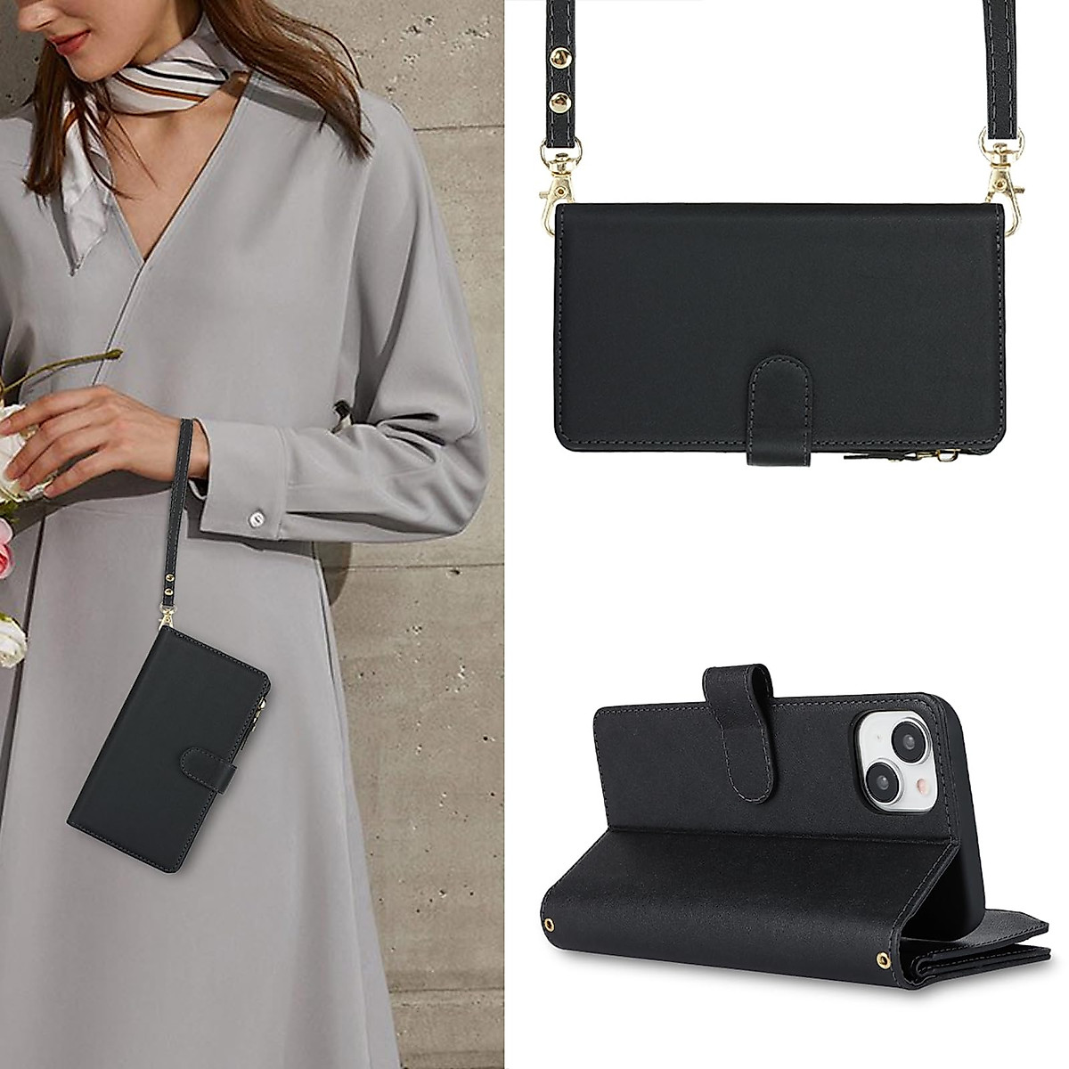 Jaorty Crossbody Phone Case for iPhone 15 Plus with Strap Lanyard,for iPhone 15 Plus Wallet Case for Women with Card Holder,Zipper Pocket Magnetic Flip Leather Case,6.7" Black