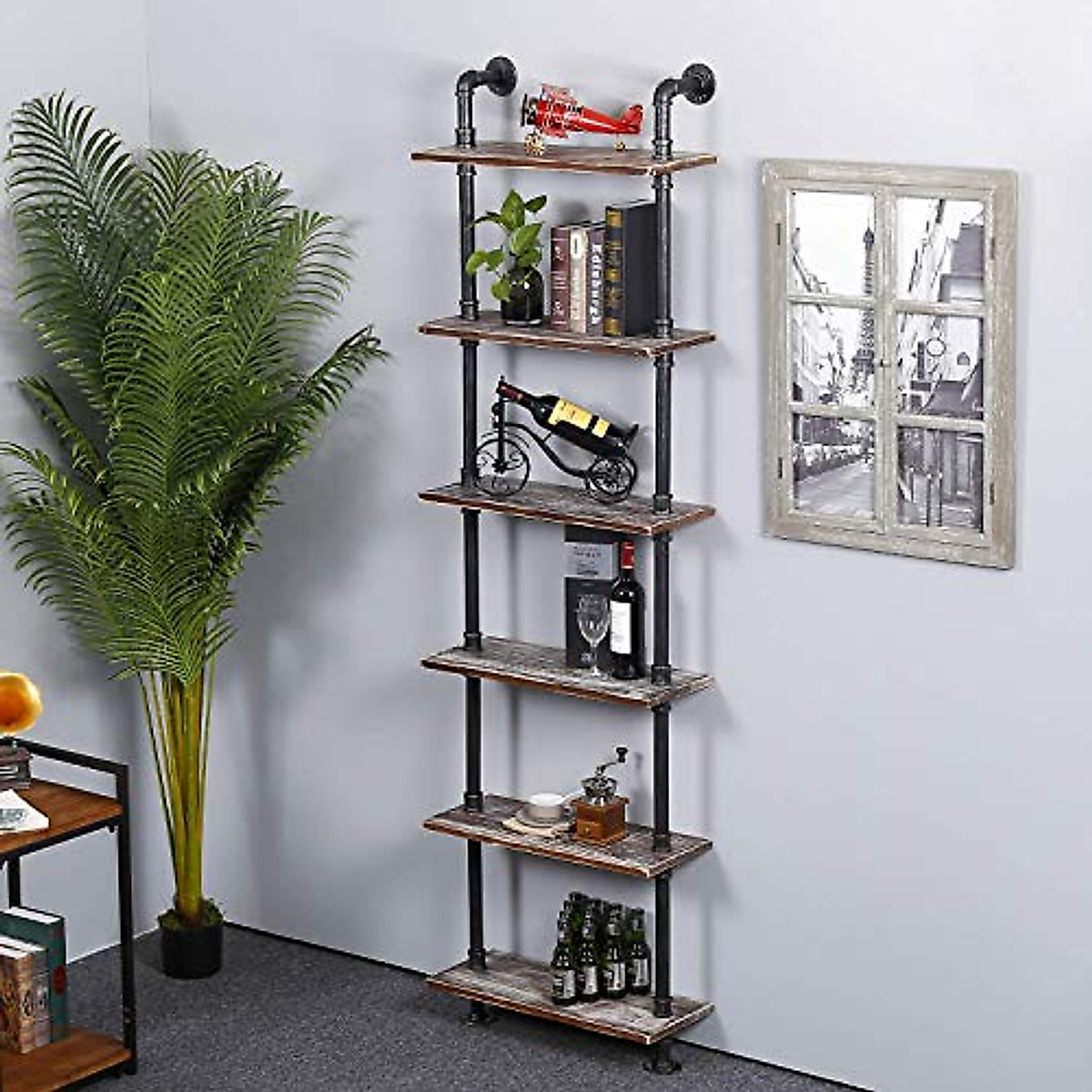 Diwhy 24”Width Industrial Pipe Shelves Rustic Modern Wood Ladder Bookcase with Metal Frame,Pipe Wall Shelf,Wood Storage,Home Decor,Display Shelving,Retro Floating Wood Shelving,6 Layer Bookshelf