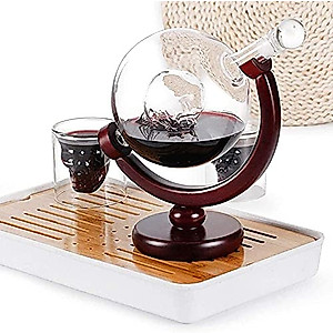 Whiskey Decanter Set whiskey gifts for men Skull Decanter, Rotating Clear Glass Globe Includes 2 Skull Shot Cups, Liquor Dispenser with Wooden Stand, Whiskey Decanter with Antique Ship