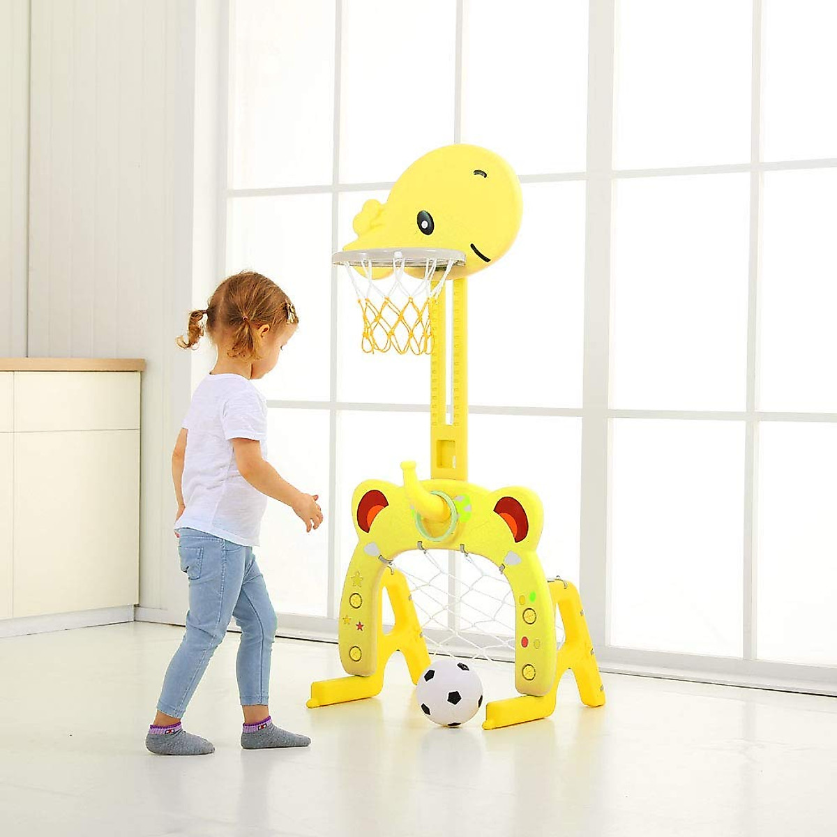 Enlitoys Kids Basketball Hoop Set, 3 in 1 Sports Activity Center Grow-to-Pro Adjustable Basketball Toy for Indoor & Outdoor, Best Gift for Kids （Yellow）
