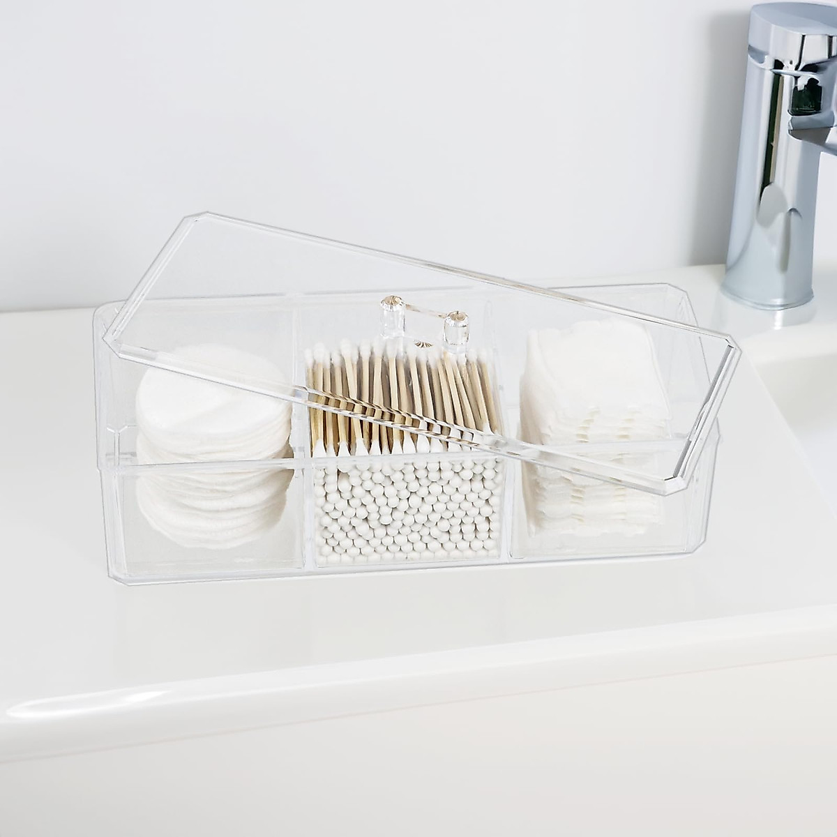 ZEXALOR Clear Bathroom Dresser Organizer - Cotton Ball Swab Holder with 3 Divided Compartments&Lid, , Waterproof Transparent Small Plastic Storage Containers, Vanity Makeup Organization (Clear)