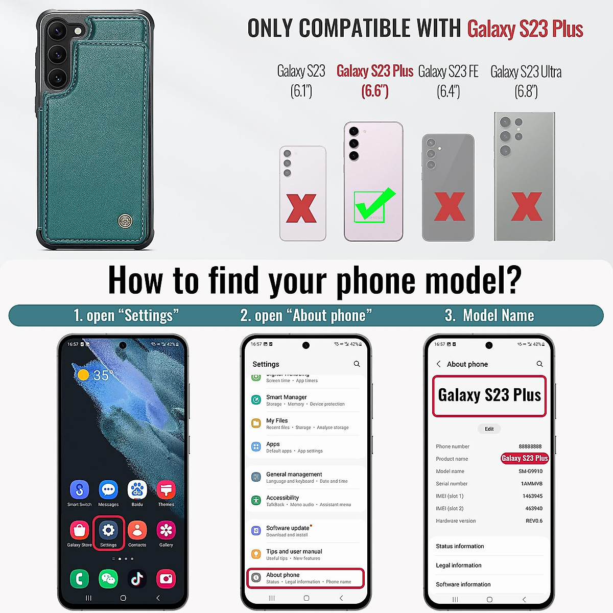 Vinich for Samsung Galaxy S23 Plus Case with Card Holder, for Samsung S23 Plus Wallet Case for Women Men with RFID Blocking, Durable Kickstand Shockproof Case for Galaxy S23 Plus 5G, Bluish Green