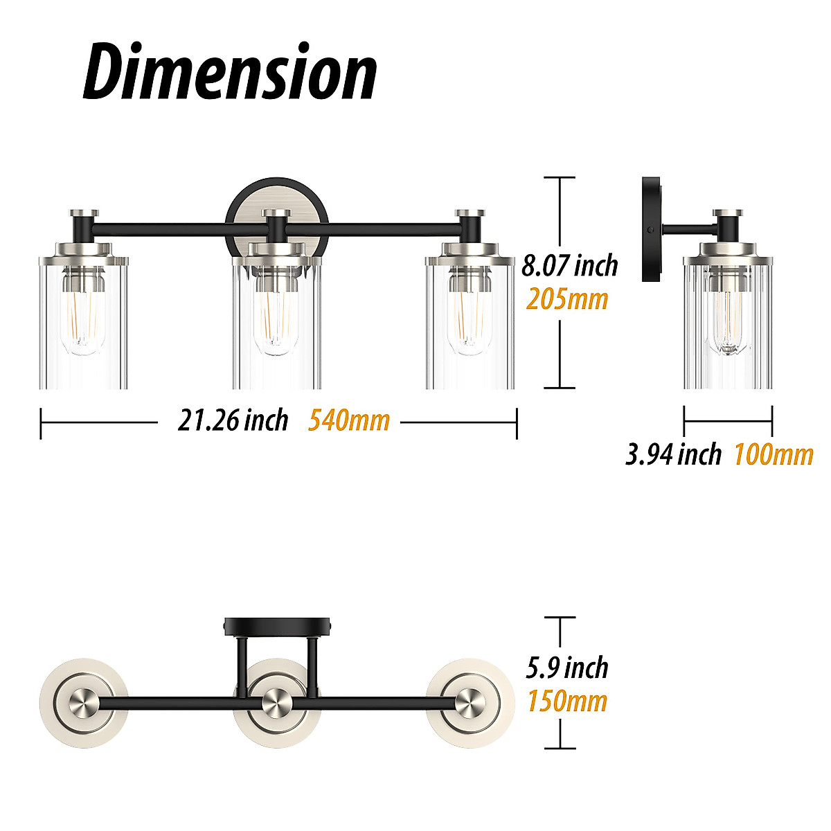 PHIXART Bathroom Lighting Fixtures Black and Brushed Nickel Bathroom Vanity Light with Cylindrical Clear Stripes Glass Lampshade E26 Socket Base Bathroom Lighting Fixtures Over Mirror (3 Lights)
