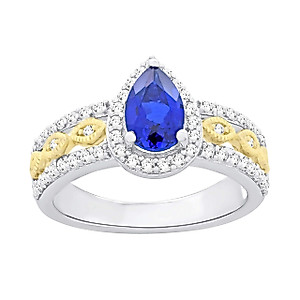 Lexi and Rose 10K Yellow Gold Plated .925 Sterling Silver & Pear Cut Lab-Grown Blue Sapphire & Lab-Grown White Sapphire Halo Milgrain Engagement Ring - Size 7