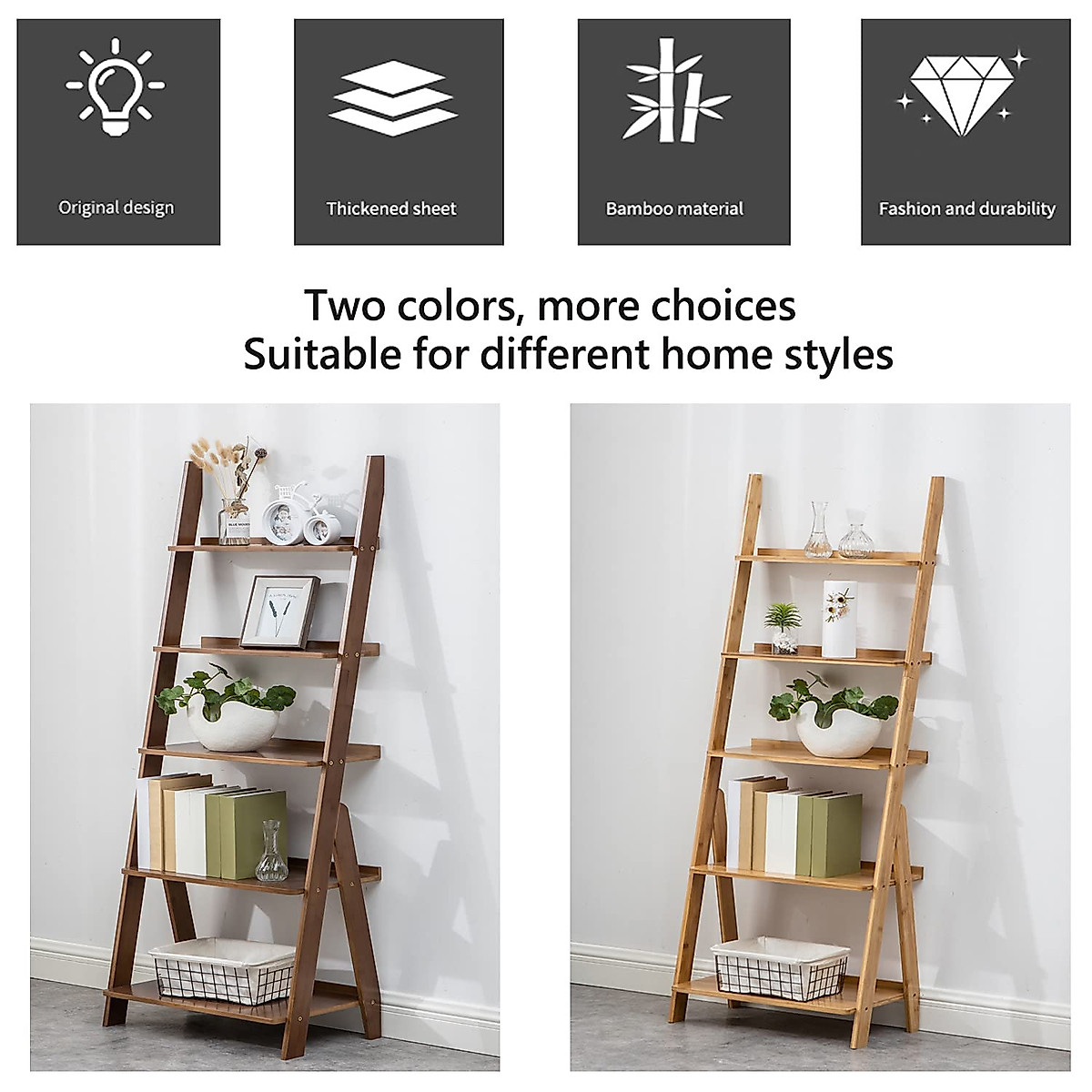 SOBIBO Ladder Shelf, 5-Tier Leaning Shelf, Free Standing Organizer Storage Shelves, Storage Rack Shelf for Office, Living Room, Nature