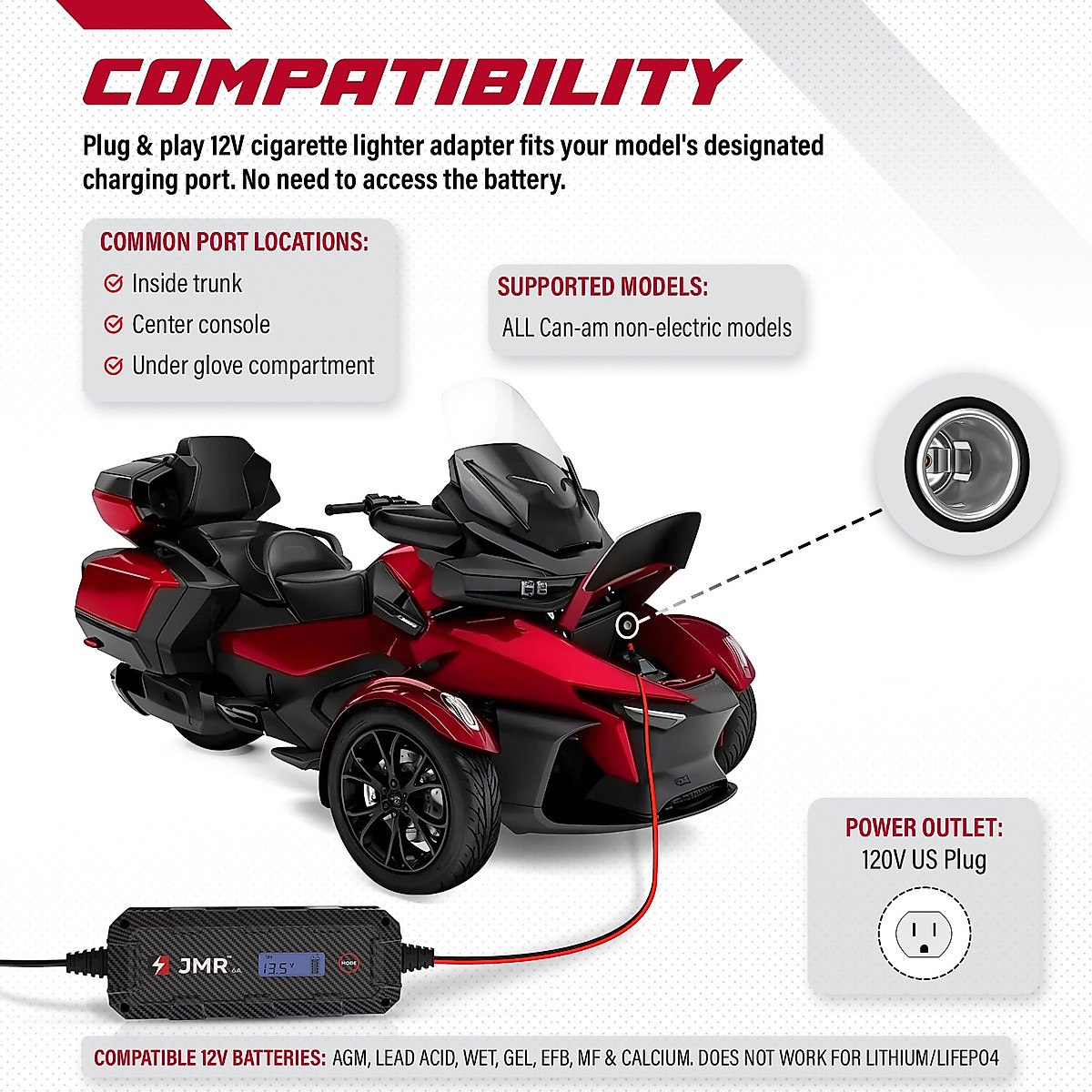 JMR Battery Charger for Can-am Spyder Maverick Defender Commander Ryker Outlander Renegade All Models Trickle Charger Conditioner Maintainer (No Lithium Mode)