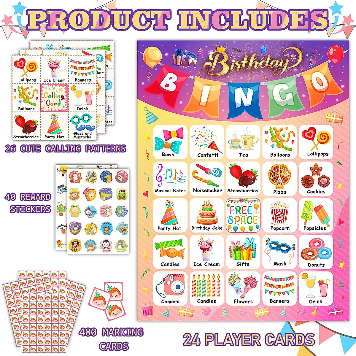 Birthday Bingo Game for Kids Toddlers 24 Players Happy Birthday Bingo Cards with 40Pcs Reward Stickers School Family Party Favors Gifts Classroom Activities Board Game Holiday