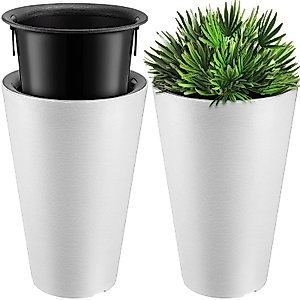 Set of 2 Tall Outdoor Planters 12 x 18 Inch Large Outdoor Planters Resin Outdoor Planters for Front Porch Flower Round Floor Planter Decorative Indoor Planter Pots with Drainage (White)