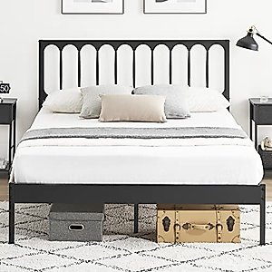 Queen Size Metal Bed Frame with Vintage Headboard, Modern Platform Bed Frame, Heavy Duty Strong Slat Support, No Box Spring Needed Mattress Foundation, Black