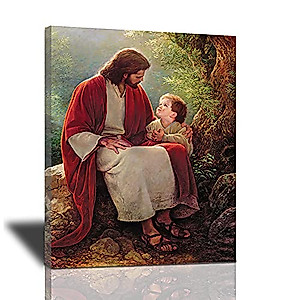 Cynken Jesus Christ and Child Canvas Wall Art Religious Spiritual Painting inspirational Motivational Portrait Poster Artwork Modern Home Decorations Framed Ready to Hang, 12x16 inch