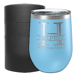 Personalized 12oz (17 Colors) Powder Coated Stainless Steel Stemless Wine Tumbler with Lid, Custom Etched, Customized Gift for Women Her, Wine Lover, Halpert Monogram Initial Name (Light Blue)