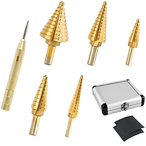 Aocoom Titanium-Coated Step Drill Bit Set for Metal, High-Speed Steel Stepped Drill Set, 50 Sizes with Automatic Center Punch, Includes Aluminum Case