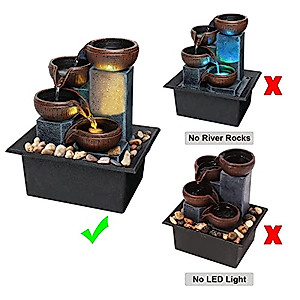 Small Tabletop Waterfall Fountain Zen Meditation Fountain Indoor Desktop Water Fountain with LED Light and Natural River Rocks for Office Home Bedroom