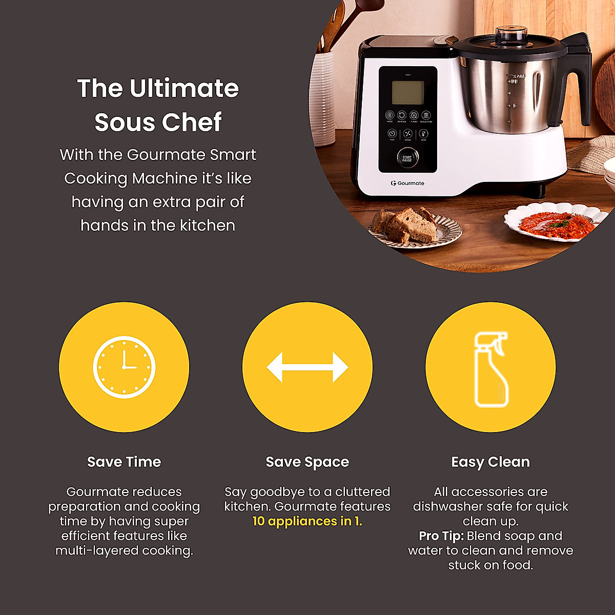 Gourmate Smart All-in-1 Multi-Cooker, 10+ Cooking Functions, Built-in Scale, Guided Recipes, Steam, Cook, Knead, Bluetooth App Connectivity, 2.3 QT, White