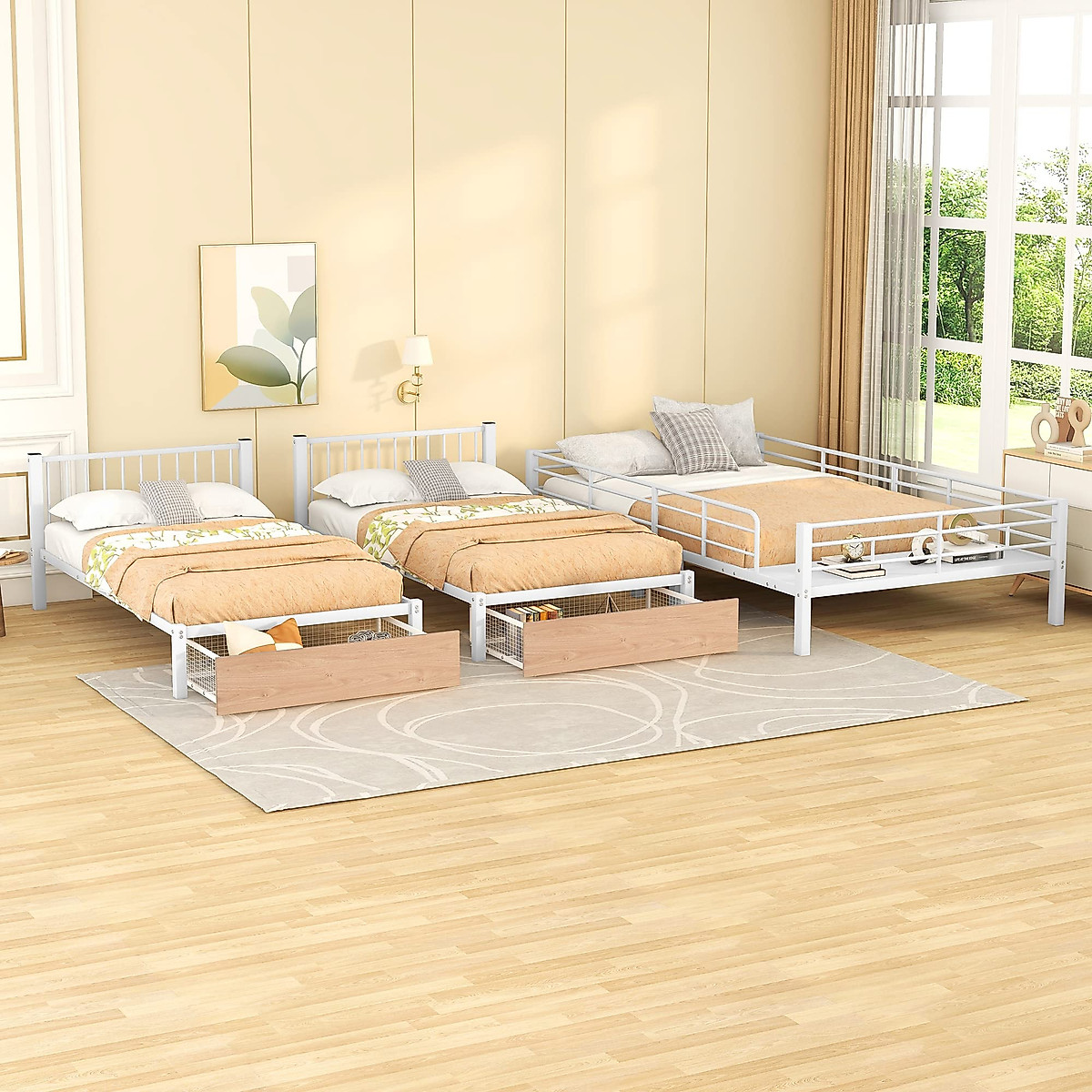 BIADNBZ Full Over Twin & Twin Triple Bunk Bed with Two Drawers, Metal 3 in 1 Bedframe with Guardrails, L-Shaped, for Kids Teens Adults Bedroom, White