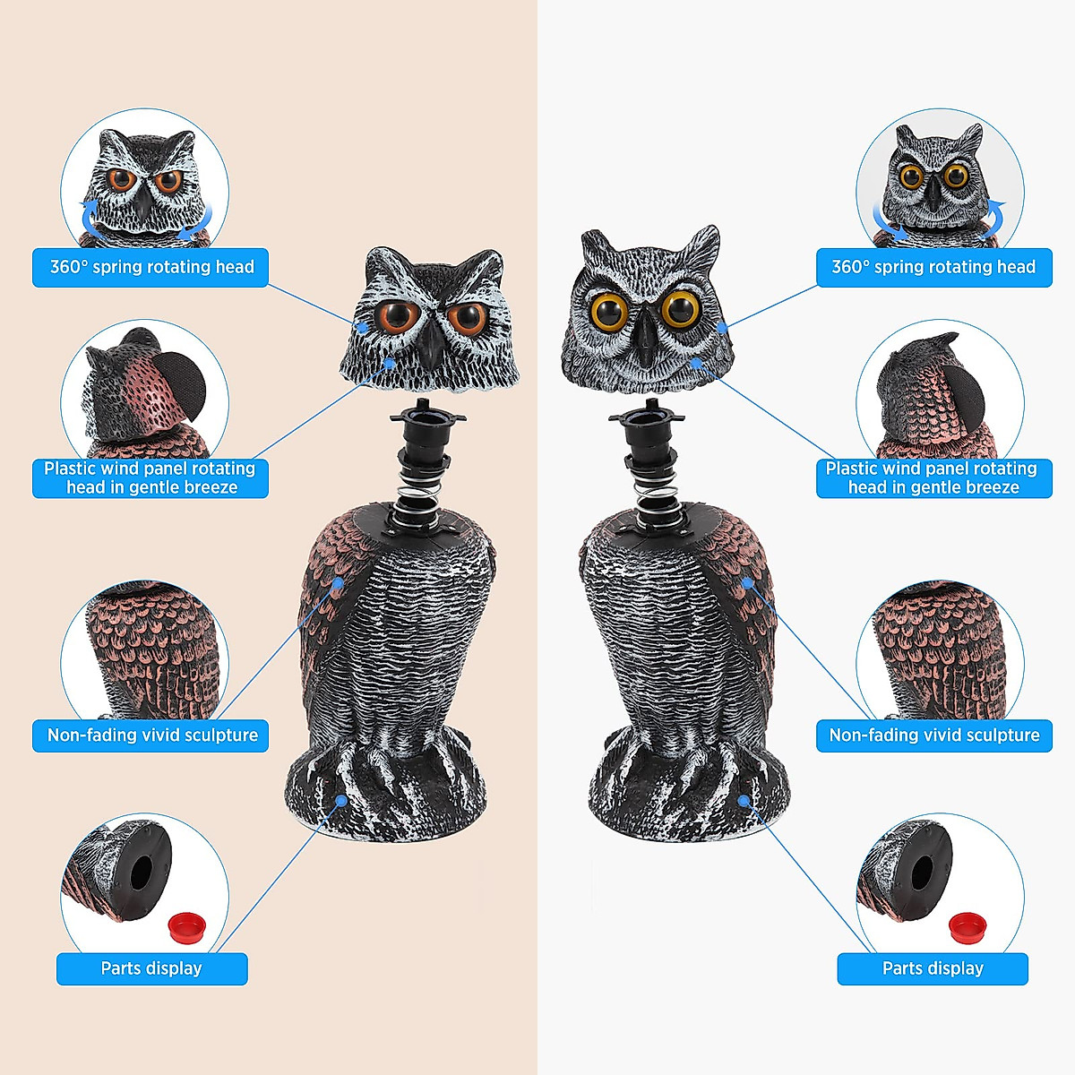 Hedoc 2 Pack Fake Owl Decoys to Scare Birds Away from Gardens and Patios, Rotating Head Owl Bird Deterrents, Nature Enemy Scarecrow Plastic Owl Statues, Pest Repellent, Pigeon Deterrent