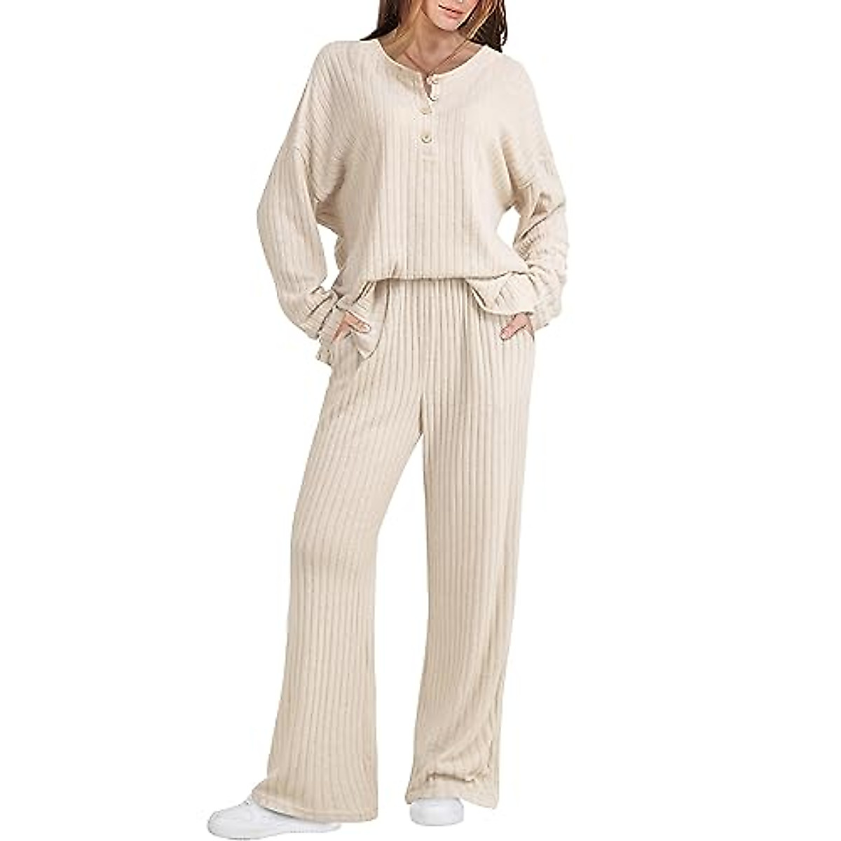 FREEYE Two Piece Outfits for Women, 2023 Fall Lounge Sweatsuits Knit Sweater Sets Pullover Loungewear Matching Pants Comfy Maternity Pajamas Apricot M