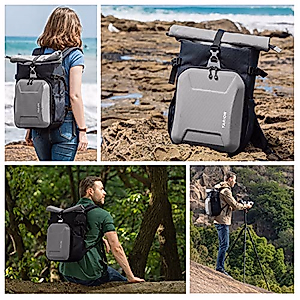 TARION XH Camera Bag Hard Shell Camera Backpack Hardcase Camera Bag Roll Top DSLR Backpack Bag with 15" Laptop Compartment Waterproof Raincover for Cameras Lens Tripod Outdoor Men Women Color Silver