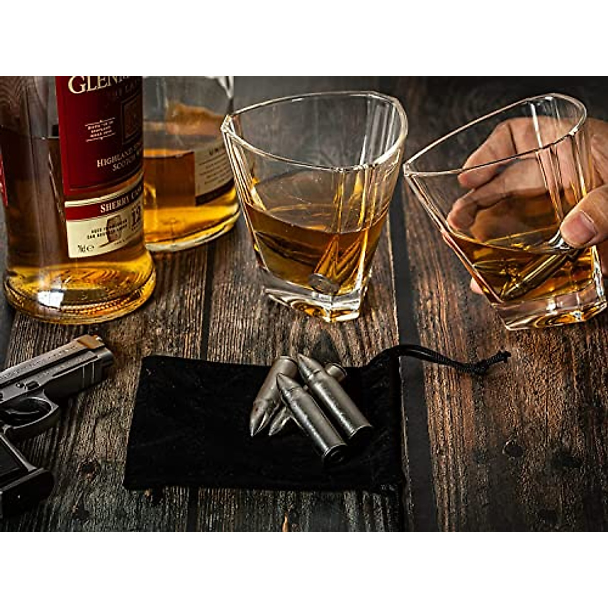 Whiskey Bullet Stones with Wooden Gift Set Box, Stainless Steel Whisky Rocks, Reusable ice Cube Metal Ice, Gifts for Men Dad, whiskey gifts for men , Father's Day Stocking Stuffer,
