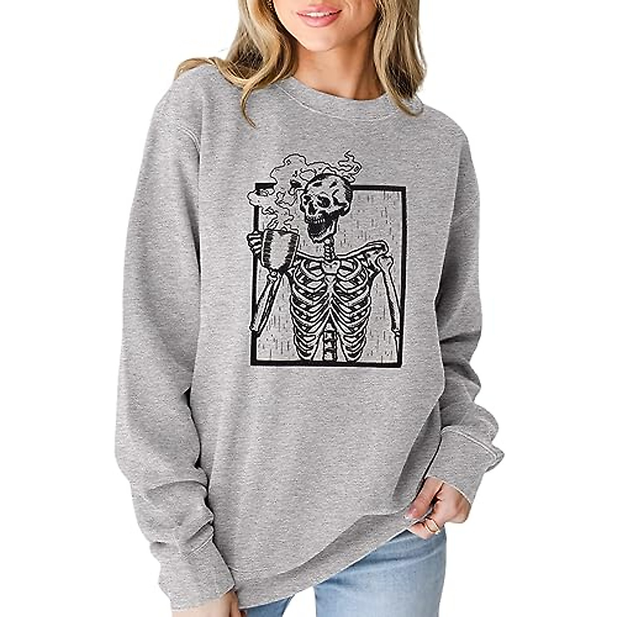 MODNTOGA Coffee Skeleton Sweatshirt Women Halloween Sweatshirt Long Sleeve Skeleton Drinking Coffee Crewneck Pullover Tops (Grey, M)